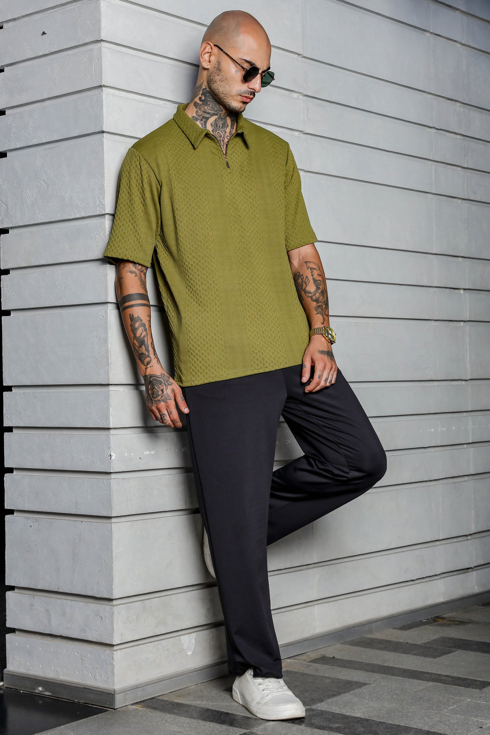 Olive Textured Polo Neck Oversized T-shirt – House of Koala